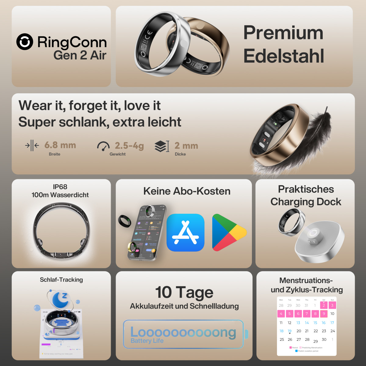 RingConn Smart Ring Gen 2 Air Grösse Gold - Smart Ring - Tobco AG